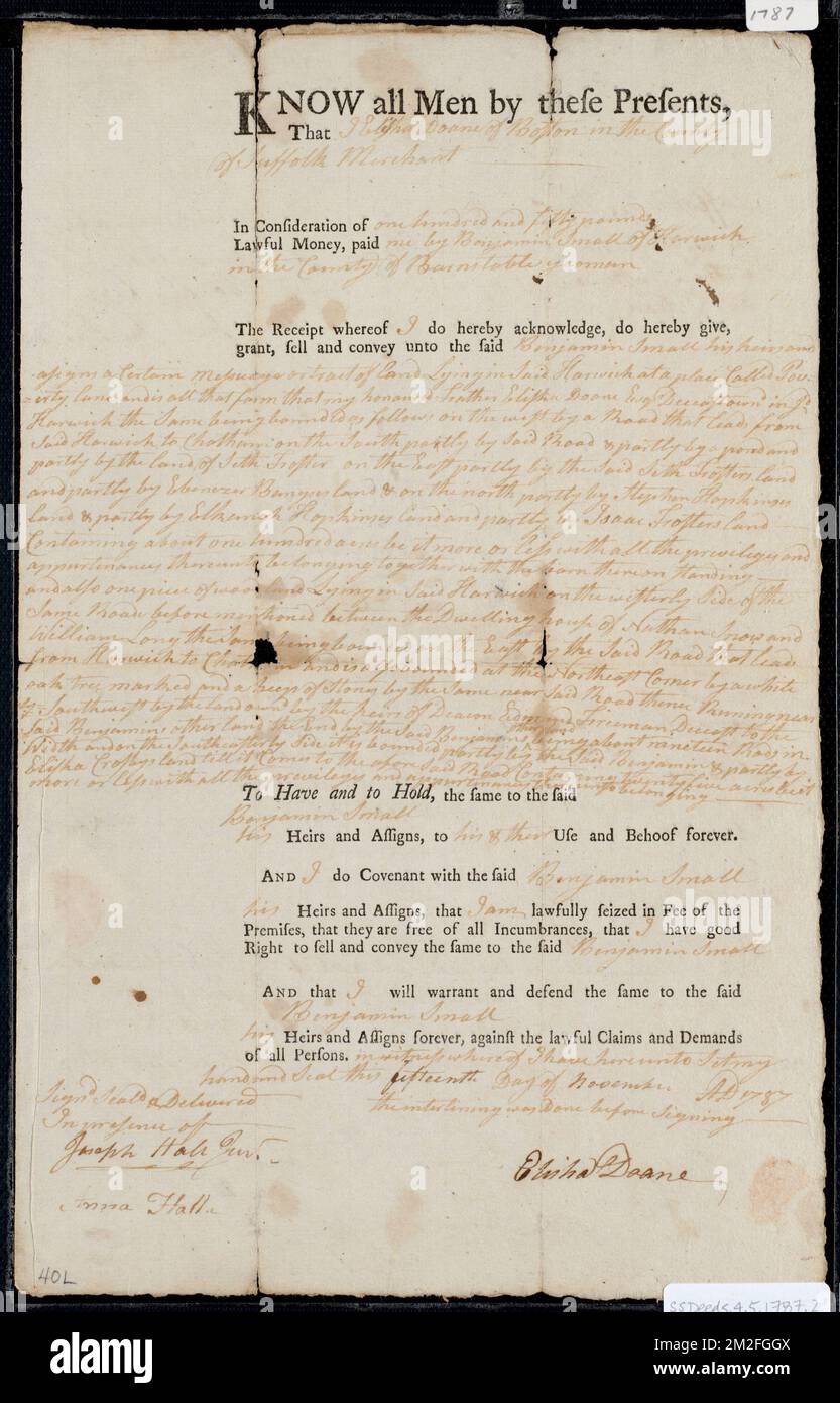 Deed of property in Harwcih sold to Benjamin Small by Elisha Doane of ...