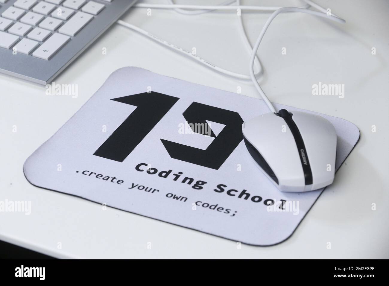 School 19 logo pictured during the inauguration of the first Belgian Coding School, in Uccle ...