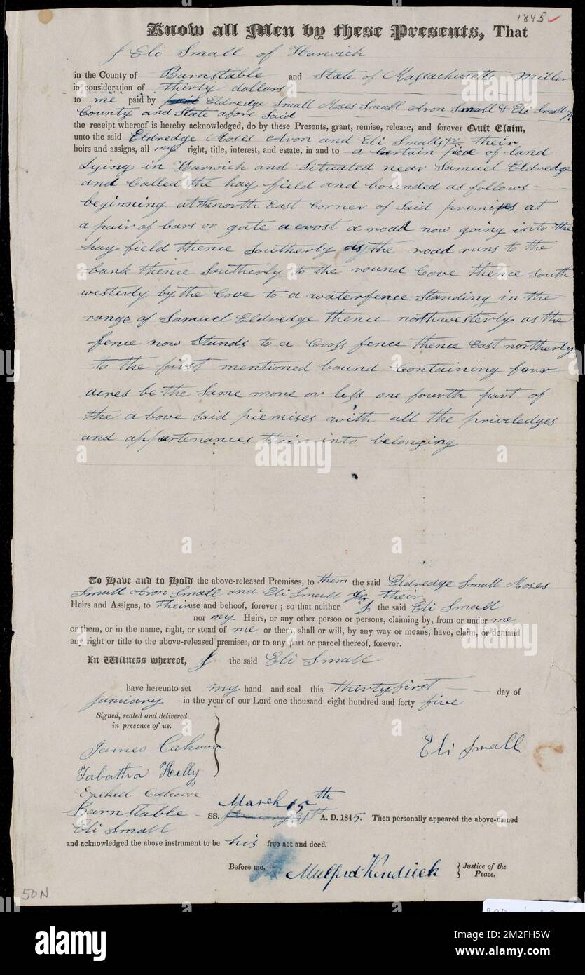Deed of property in Harwich sold to Eldredge Small, Moses Small, Aaron ...