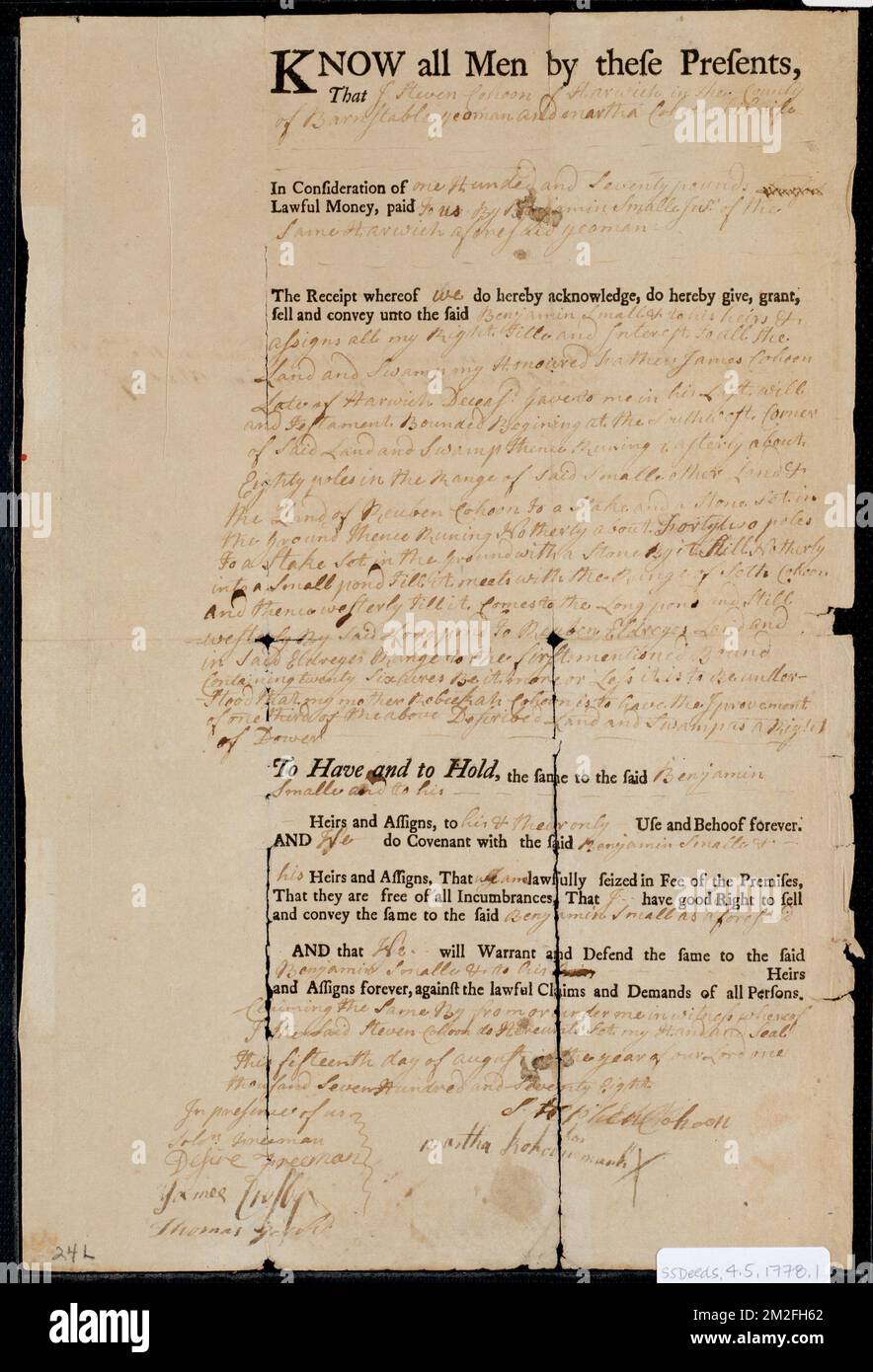 Deed of property in Harwich sold to Benjamin Smalley by Stephen Cohoon ...