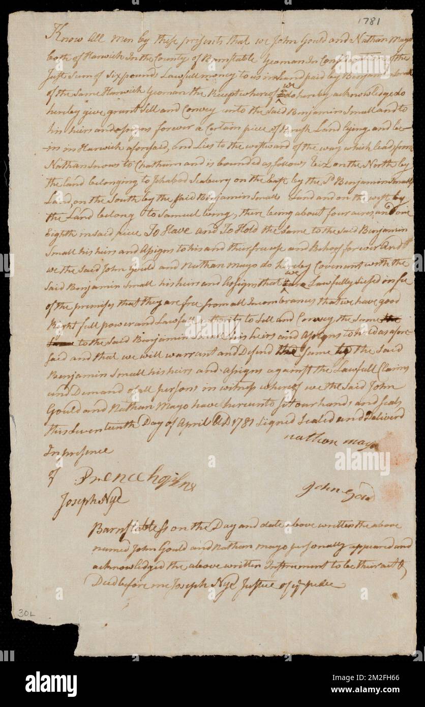 Deed of property in Harwich sold to Benjamin Small of Harwich by John ...
