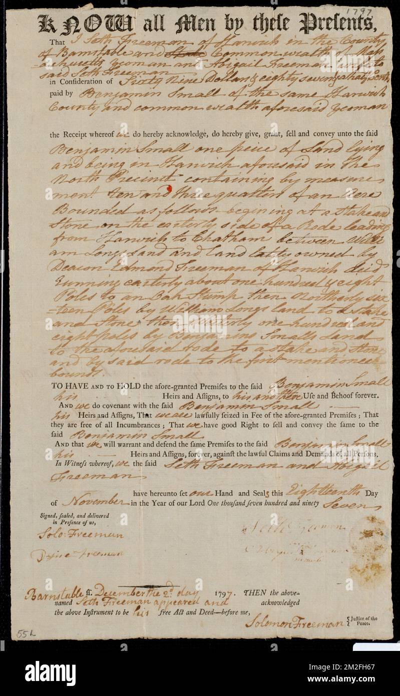 Deed of property in Harwich sold to Benjamin Small of Harwich by Seth ...
