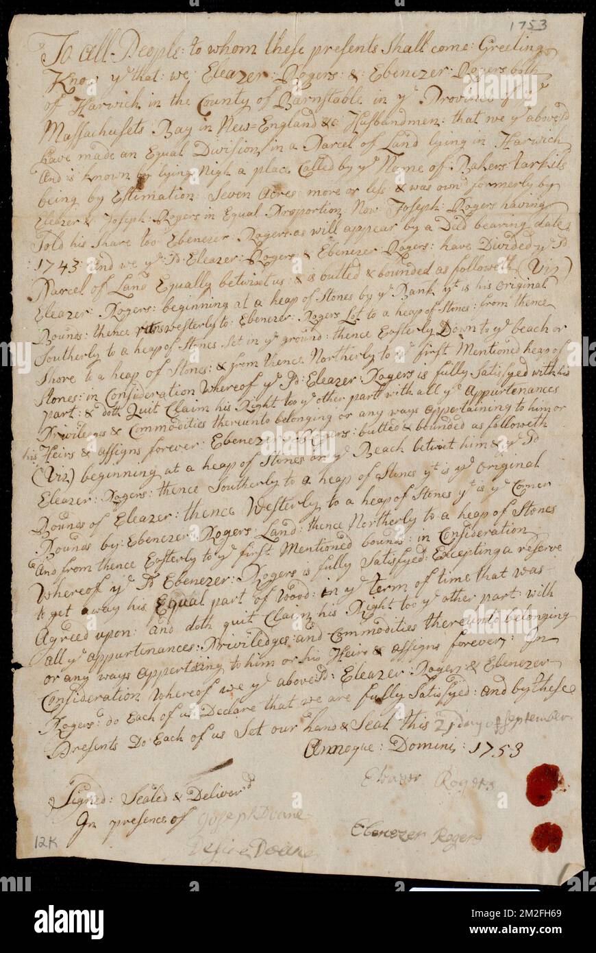 Deed of property in Harwich sold to Eleazer Rogers and Ebenezer Rogers ...