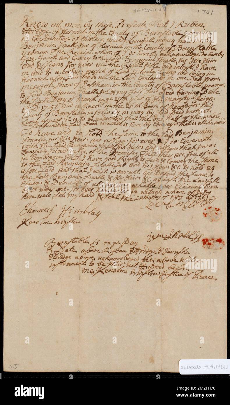 Deed of property in Harwich sold to Benjamin Smalle by Ruben Eldredge ...