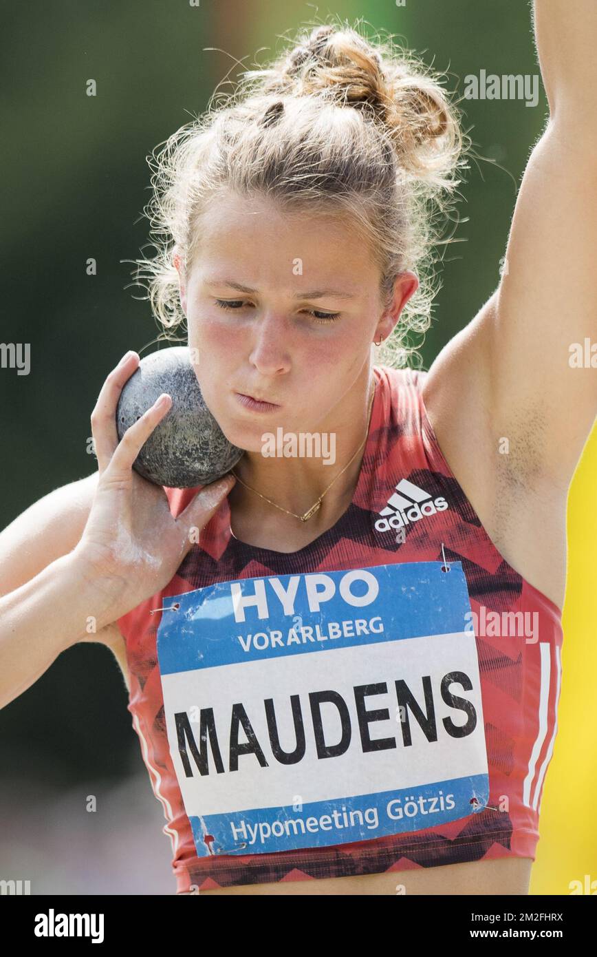 Belgian Hanne Maudens pictured in action during the shot put event of ...