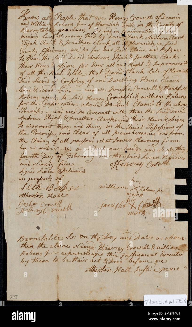 Deed of property in Harwich sold to Elijah Clark and Jonathan Clark of ...