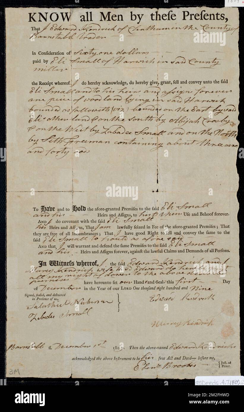 Deed of property in Harwich sold to Eli Small of Harwich by Edward ...