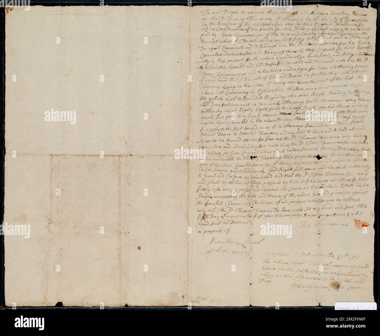 Deed of property in Harwich sold to Isaac Freeman Jr. by Thomas Freeman ...