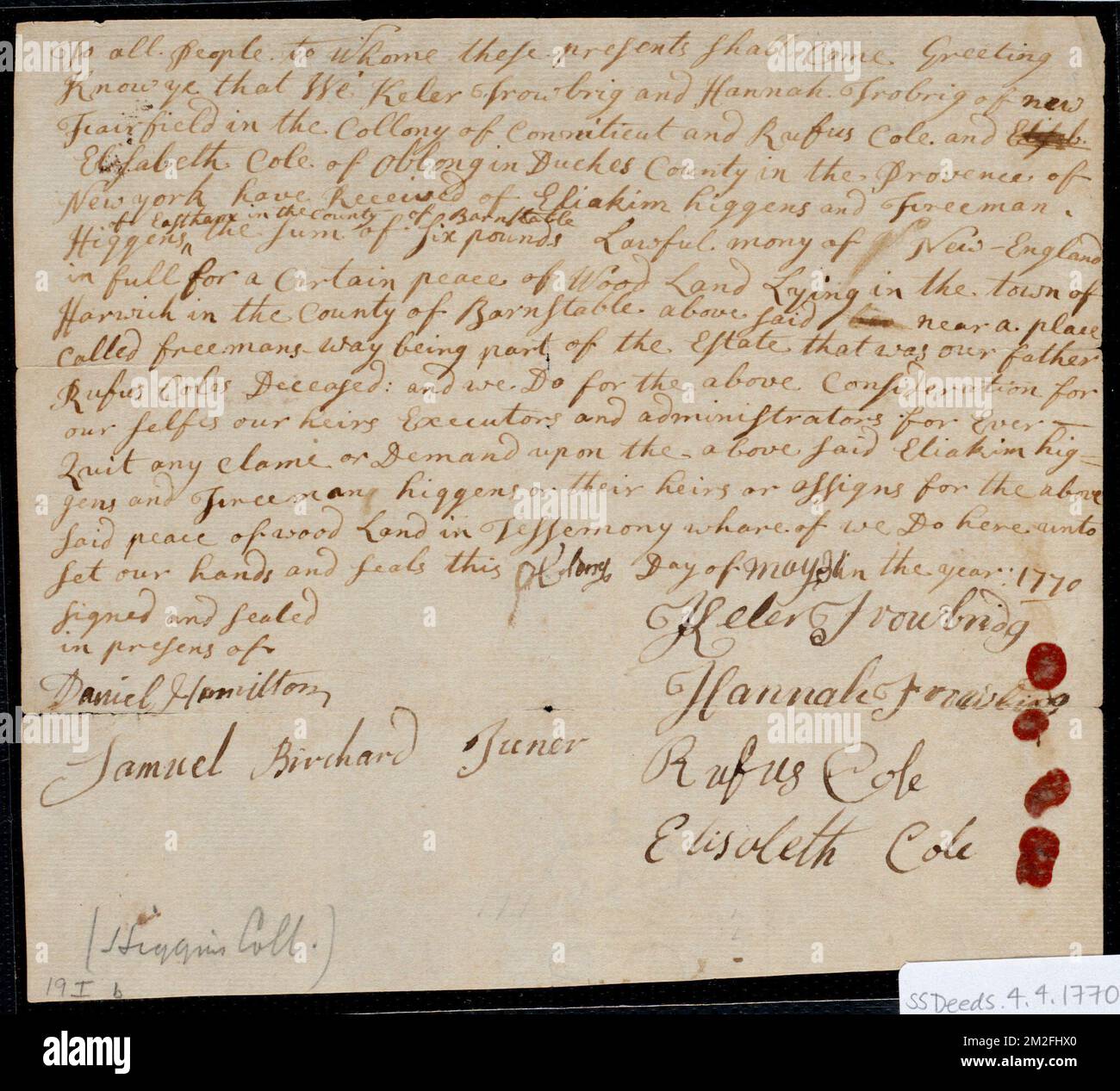 Deed of property in Harwich sold to Eliakim Higgins and Freeman Higgins ...