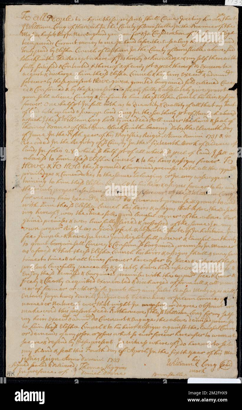 Deed of property in Harwich sold to Elisha Linnel by William Long of ...