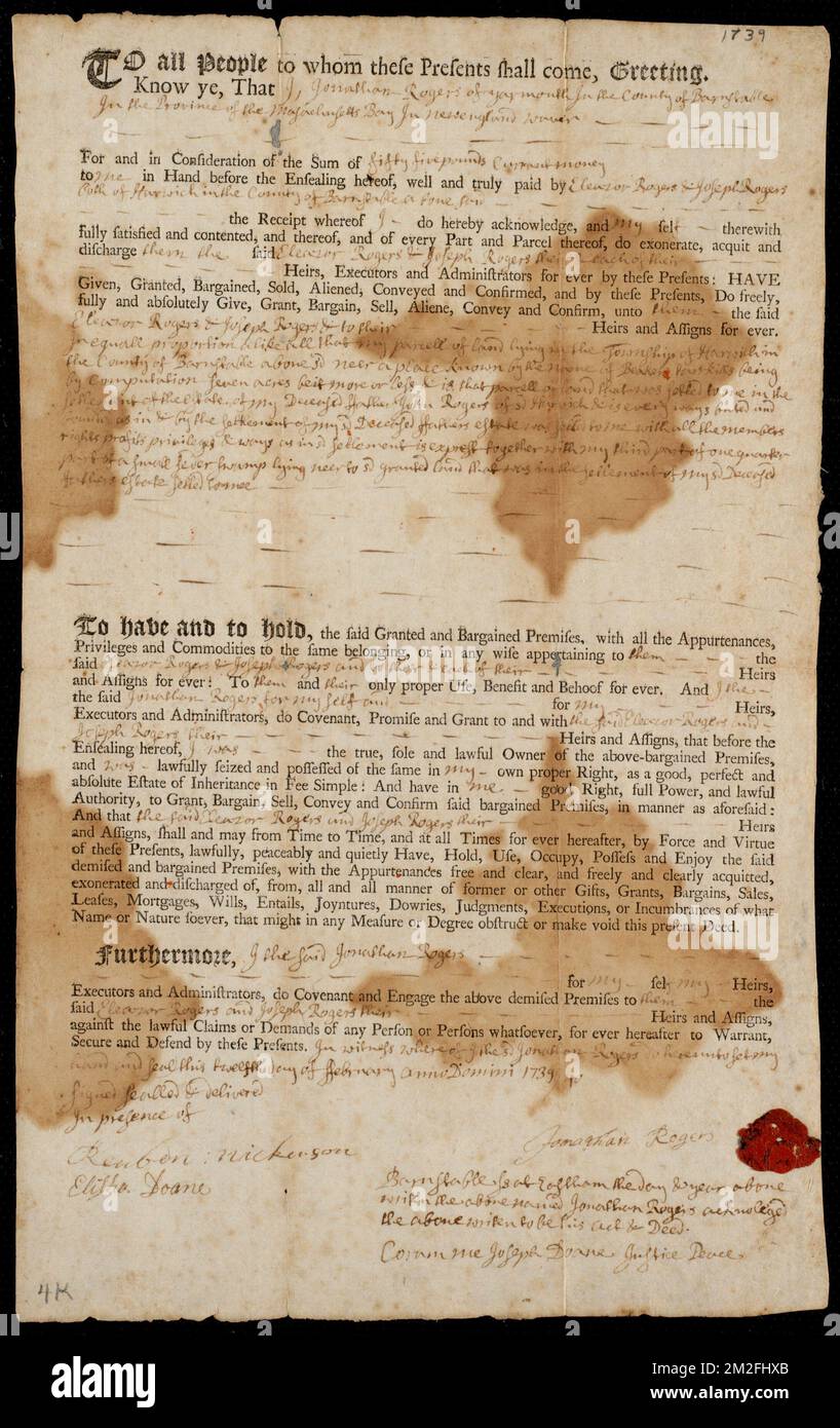 Deed of property in Harwich sold to Eliaser Rogers and Joseph Rogers by ...