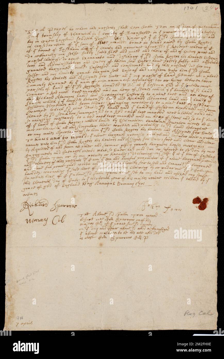 Deed of property in Harwich sold to John Rogers of Eastham by John Tom of Harwich ,. Stanley ...