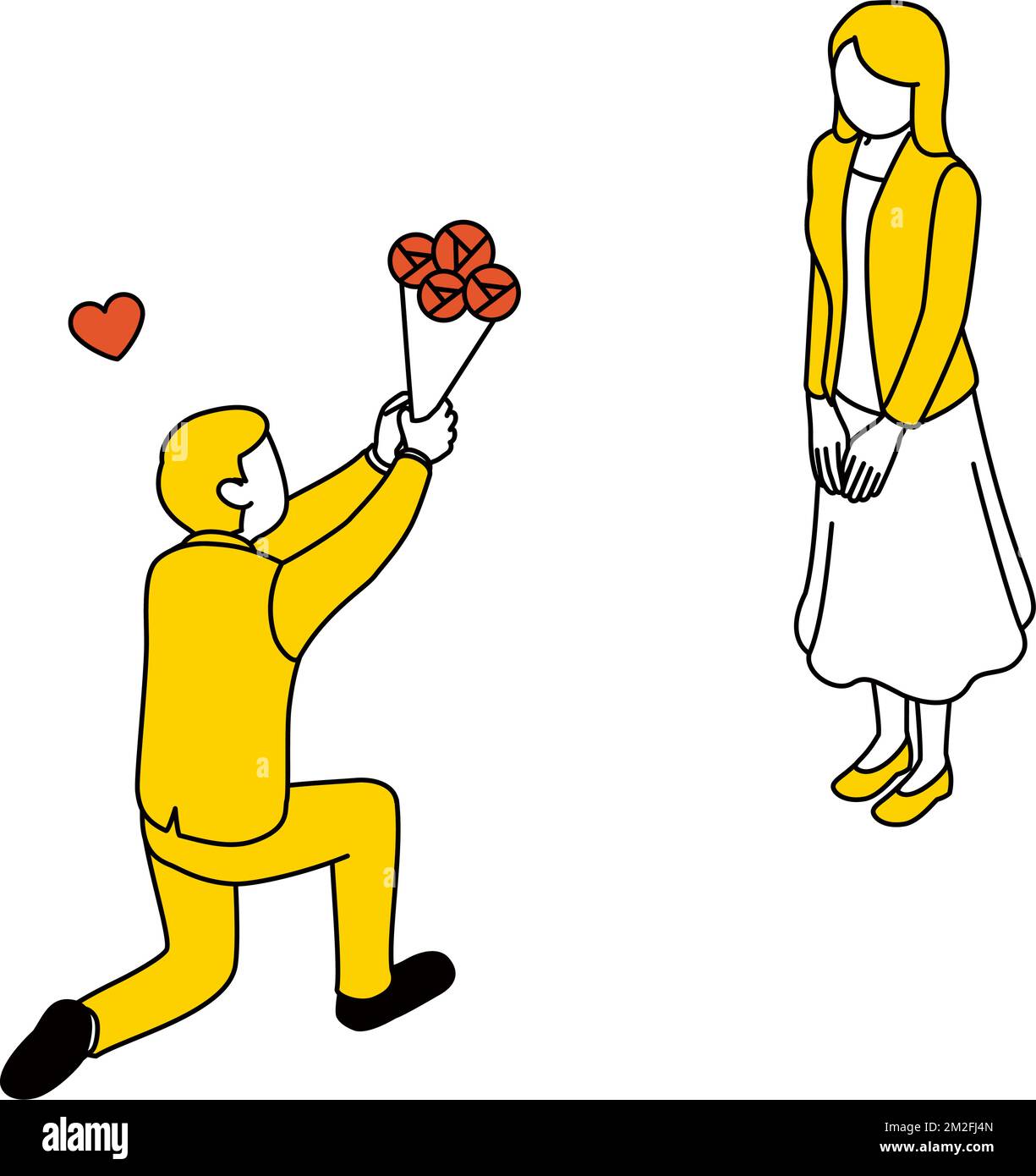 Man proposing to woman on one knee, presenting her with a bouquet of ...