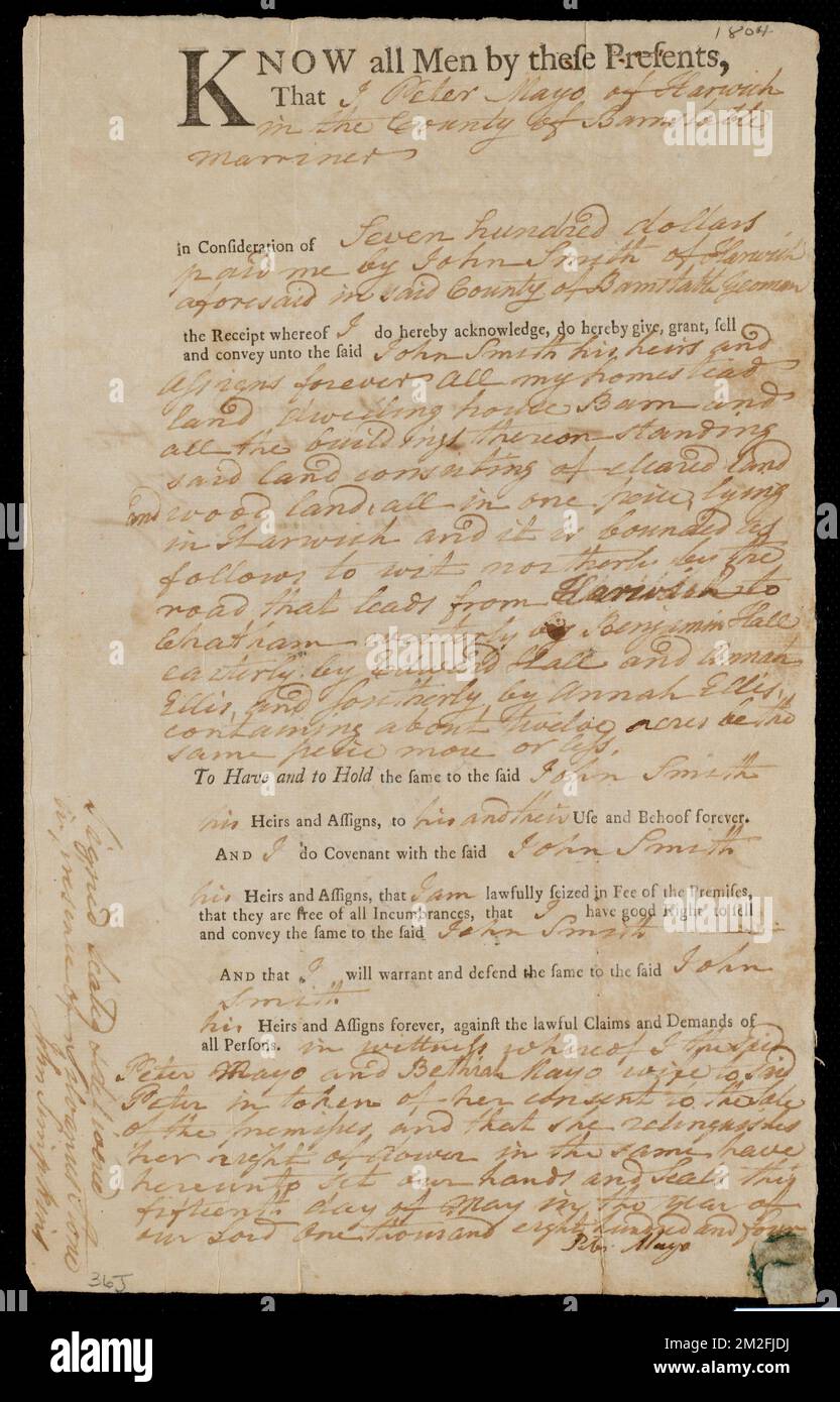 Deed of property in Harwich sold to John Smith of Harwich by Peter Mayo ...
