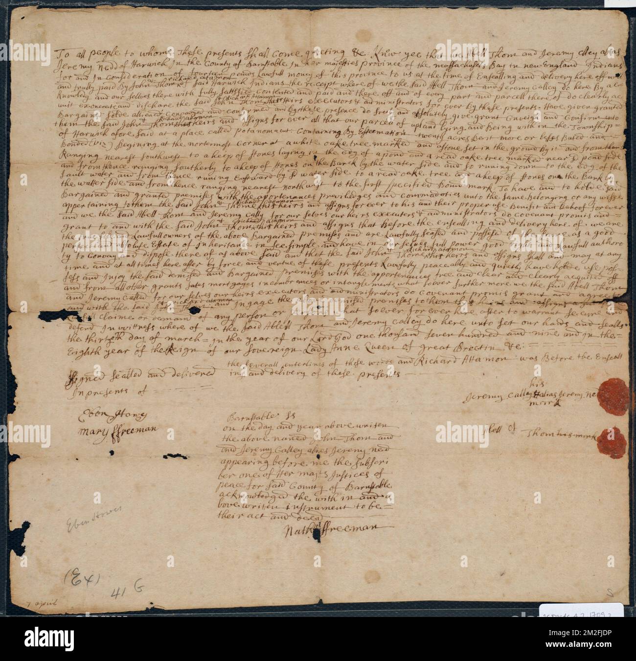 Deed of property in Harwich sold to John Thom and Richard Atamon of ...