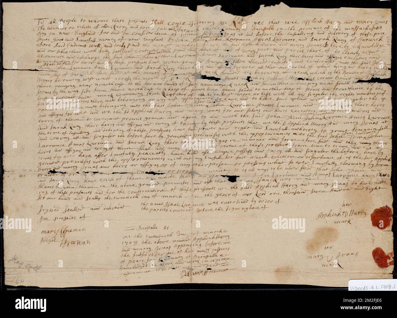 Deed of property in Harwich sold to John Thom, Isaac Lawrence, John ...