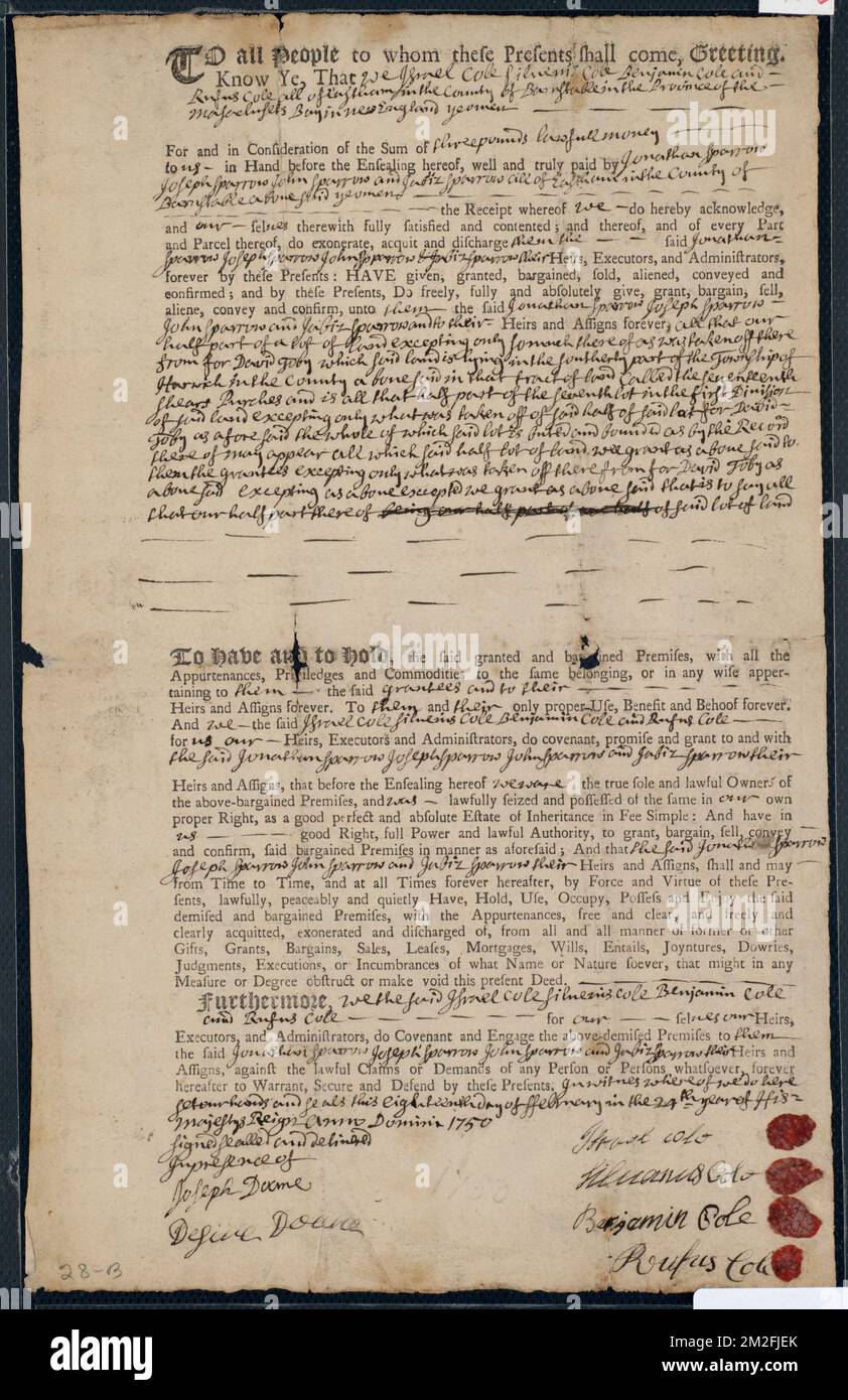 Deed of property in Harwich sold to Jonathan Sparrow of Harwich by ...