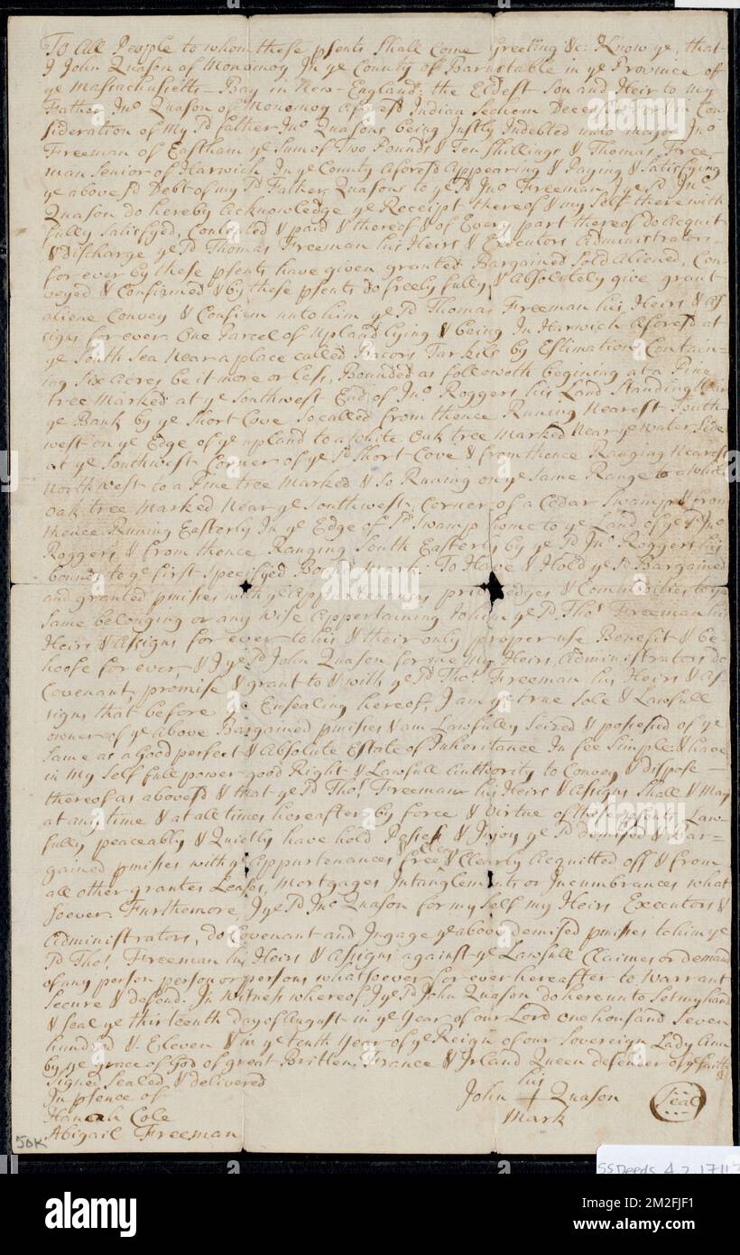 Deed of property in Harwich sold to Major Thomas Freeman by John ...