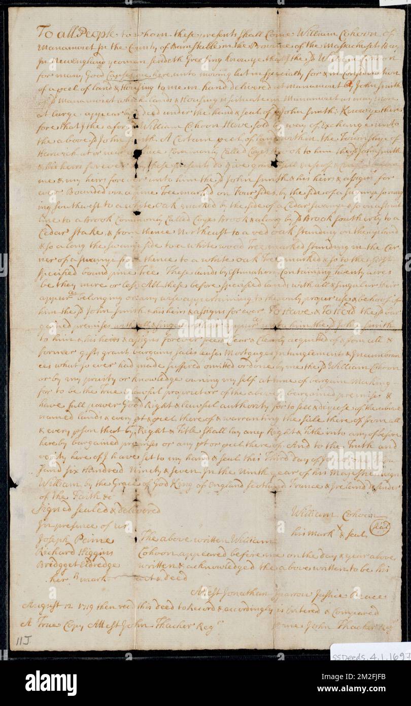 Deed of property in Harwich sold to John Smith of Manamoset by William ...