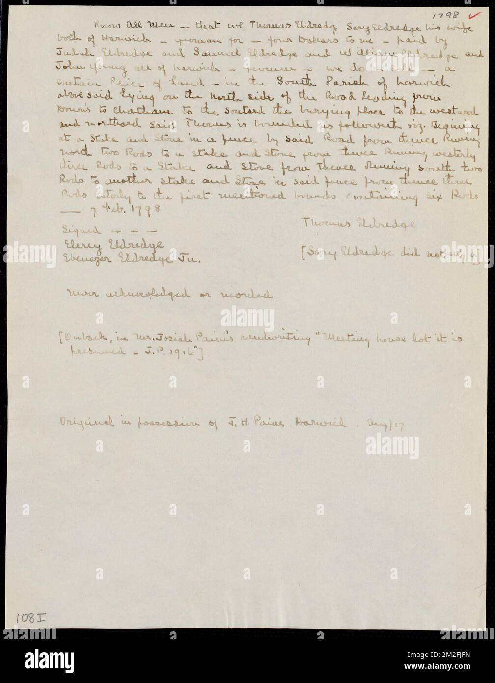 Deed of property in Harwich sold to Judah Eldridge of Harwich by Thomas ...