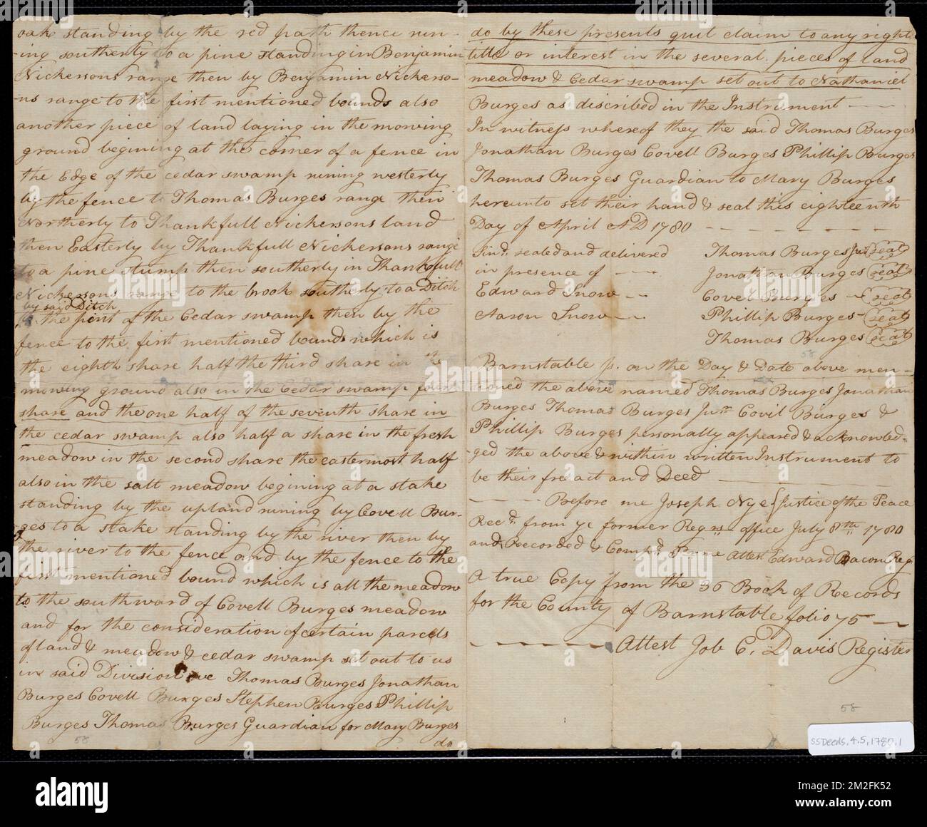 Deed of property in Harwich sold to Nathaniel Burges, Thomas Burges ...