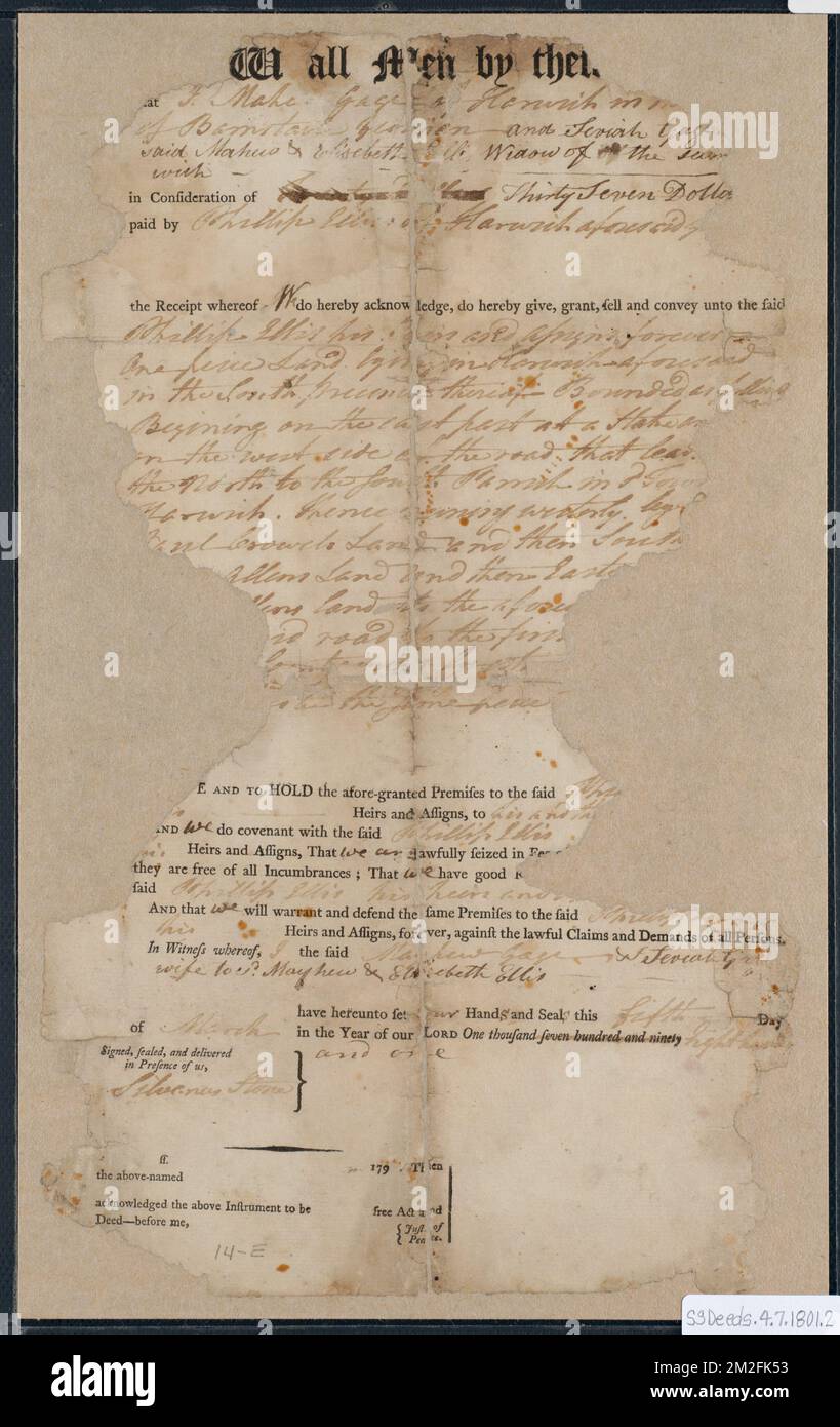 Deed of property in Harwich sold to Phillip Ellis by Mayhew Gage ...