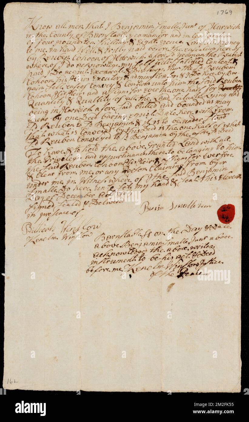 Deed of property in Harwich sold to Rouben Cohoon by Benjamin Smalle of ...