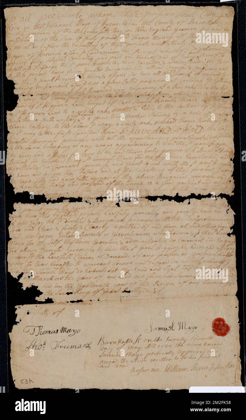 Deed of property in Harwich sold to Paul Higgins by Samuel Mayo of ...