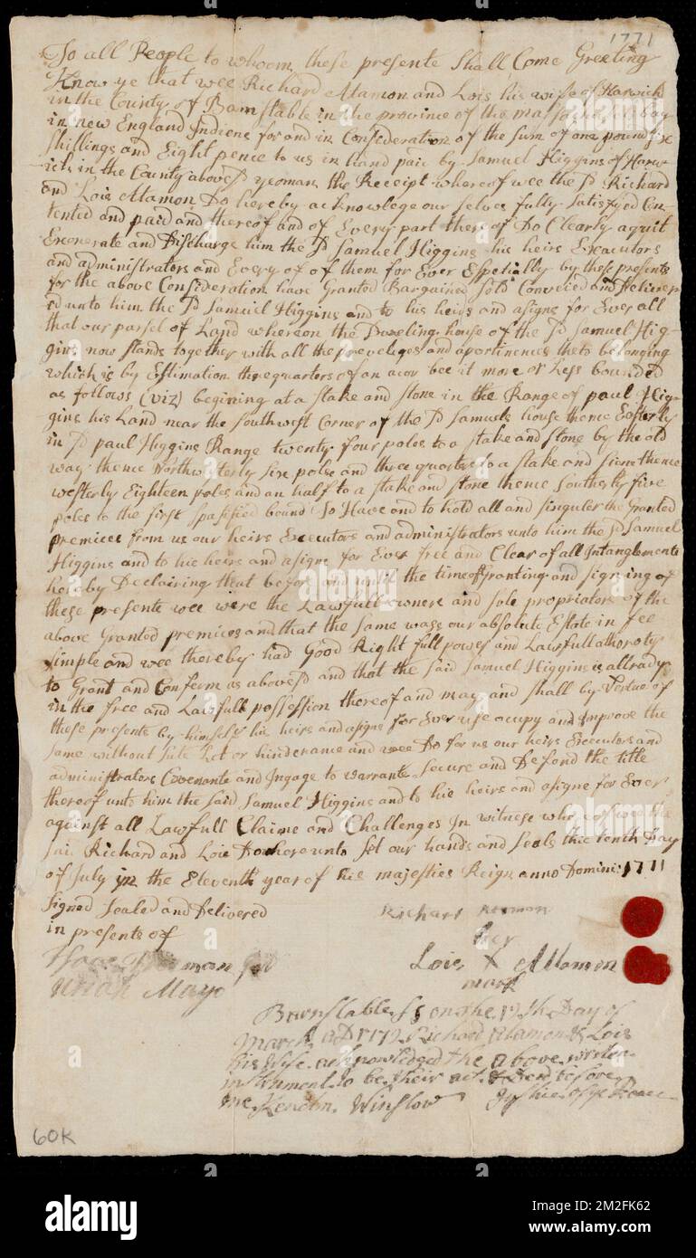 Deed of property in Harwich sold to Samuel Higgins by Richard Atamon ...