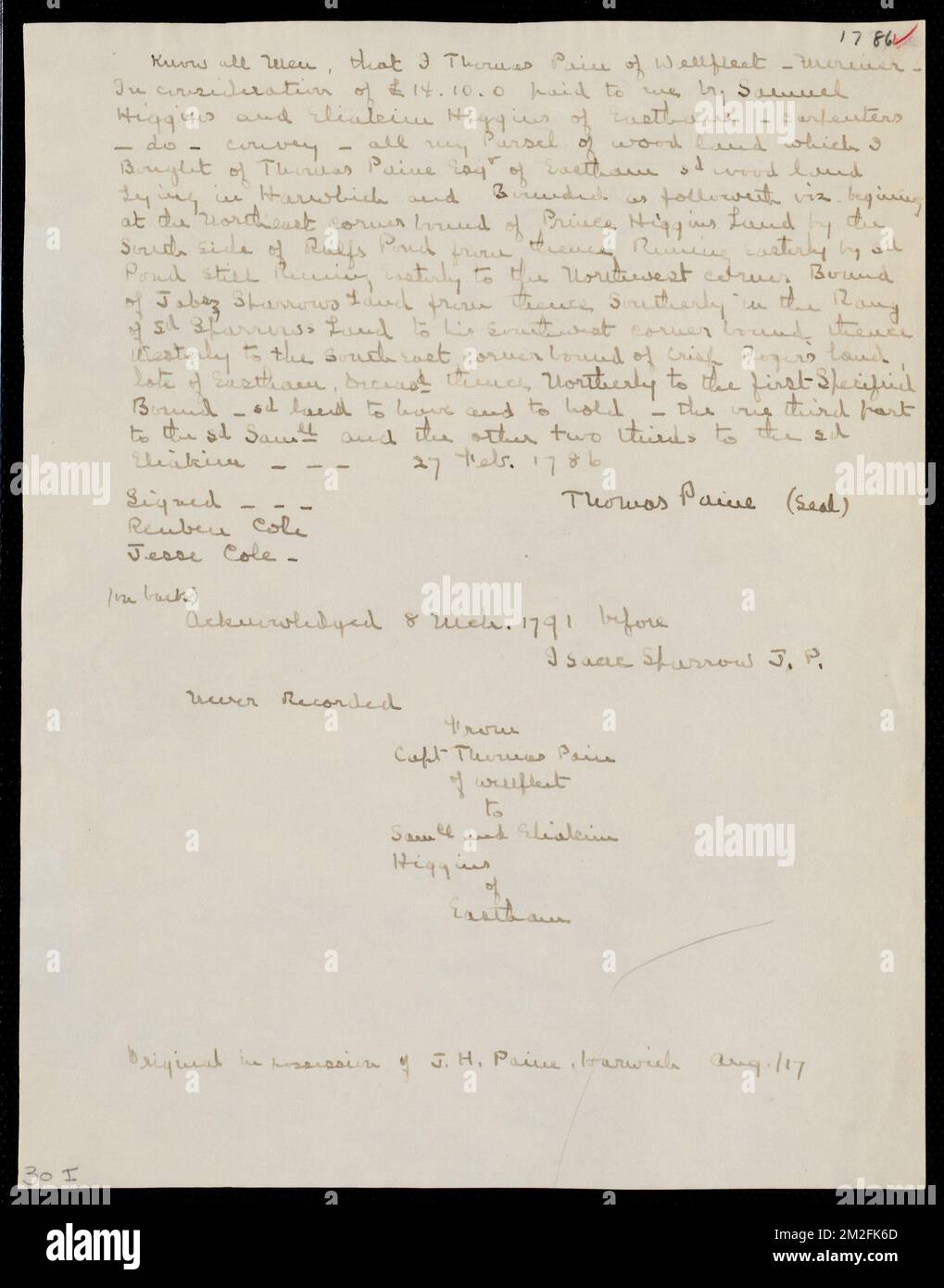 Deed of property in Harwich sold to Samuel Higgins by Thomas Paine of ...