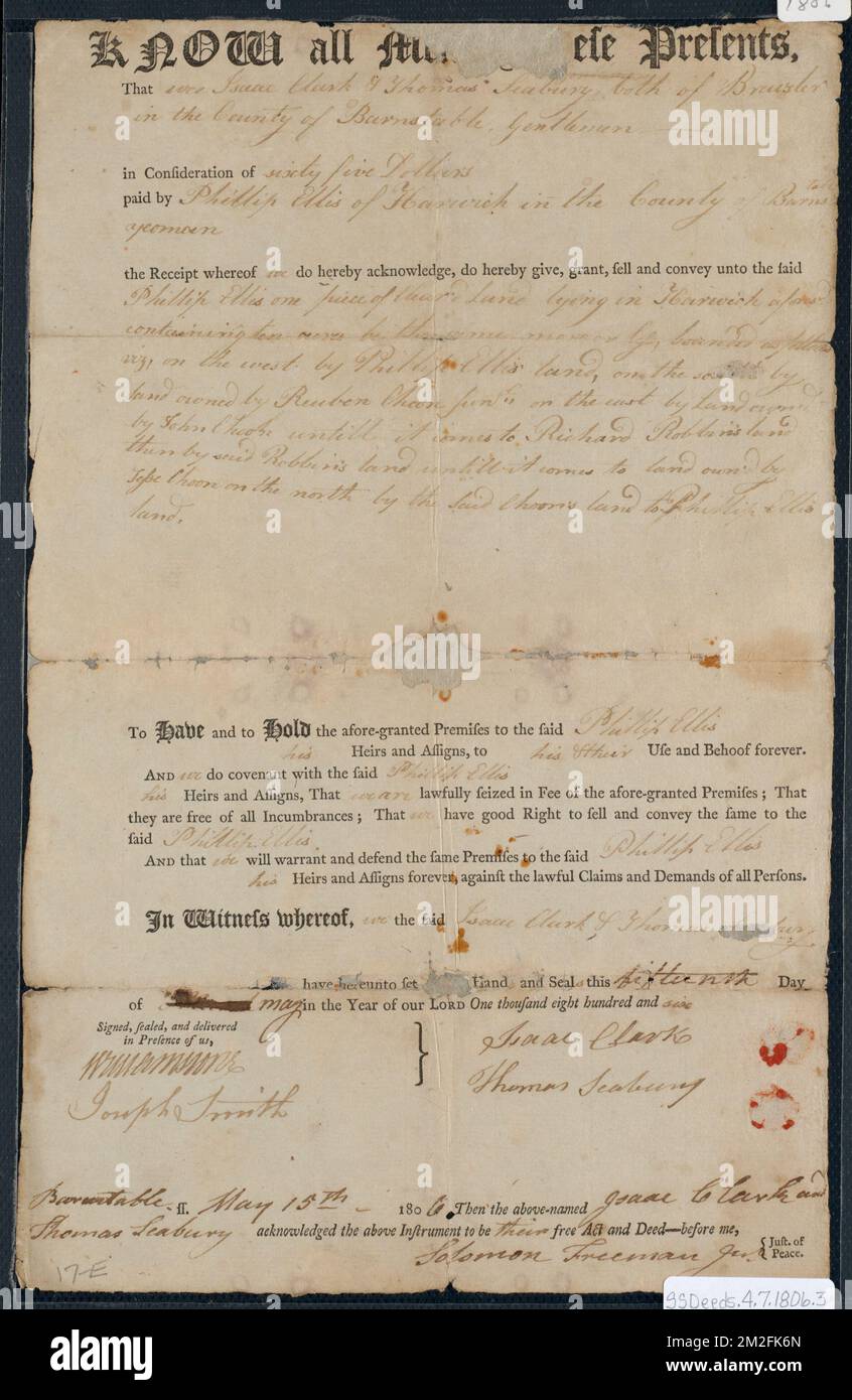 Deed of property in Harwich sold to Phillip Ellis of Harwich by Thomas Seabury of Harwich ...