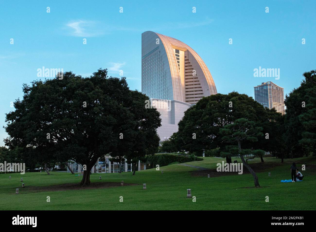 Looking south from the center of Rinko Park, you can see the top floors ...