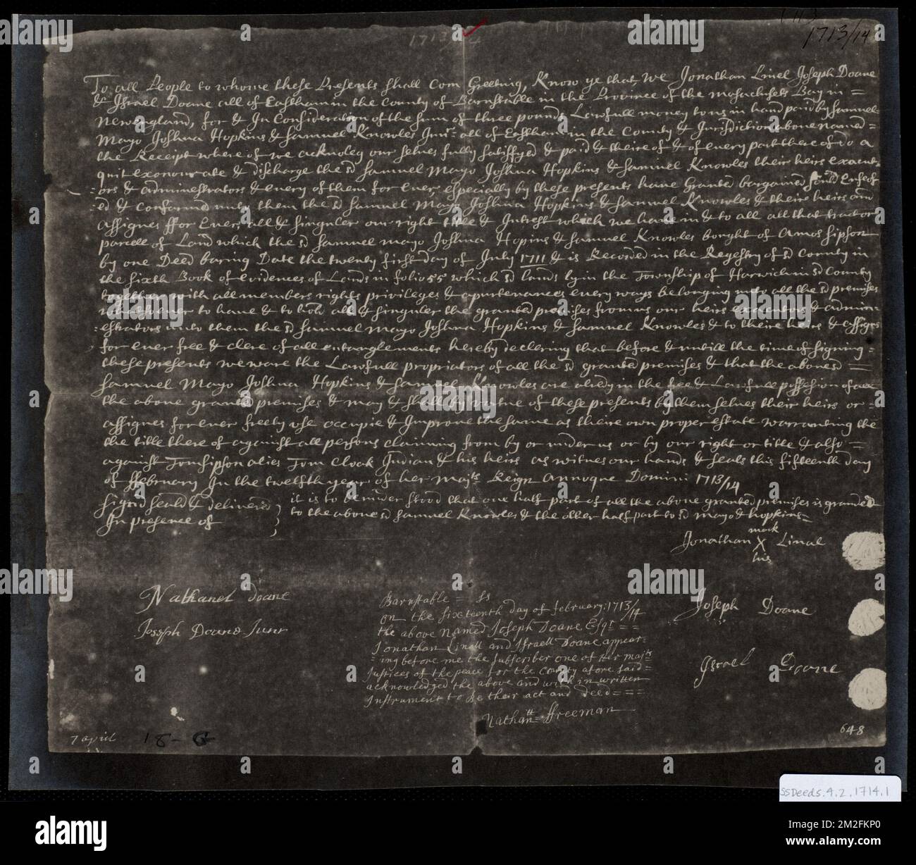 Deed of property in Harwich sold to Samuel Mayo, Joshua Hopkins, and ...