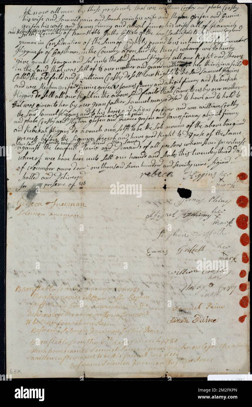 Deed of property in Harwich sold to Samuel Higgins by William Crosby ...