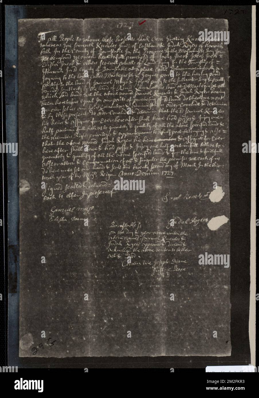 Deed of property in Harwich sold to Samuel Mayo of Harwich by Judah ...