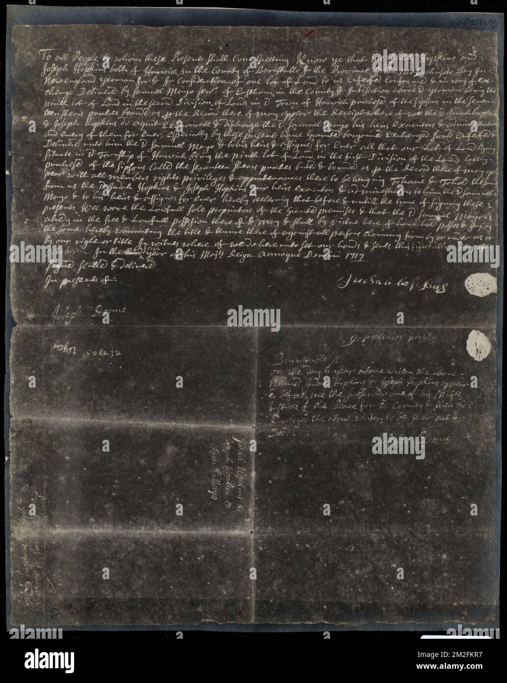 Deed of property in Harwich sold to Samuel Mayo Jr. by Judah Hopkins ...