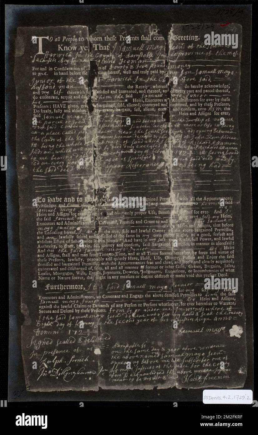 Deed of property in Harwich sold to Samuel Mayo Jr. of Harwich by ...