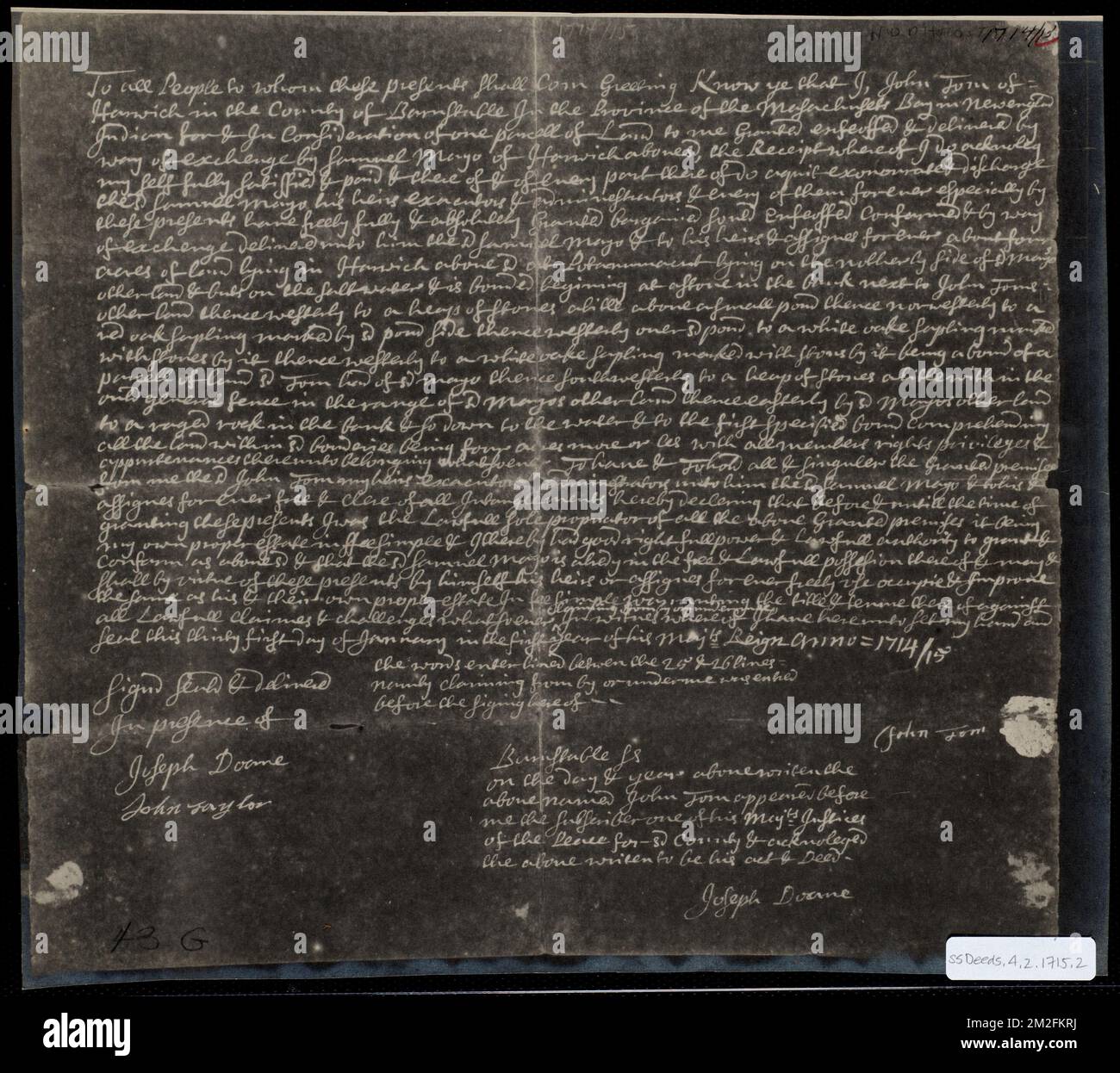 Deed of property in Harwich sold to Samuel Mayo by John Tom of Harwich ...