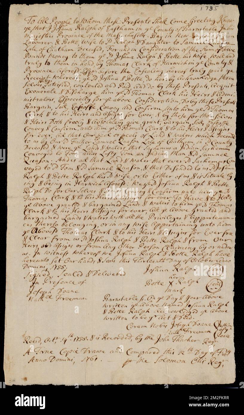 Deed of property in Harwich sold to Thomas Clark by Joshua Ralph and ...