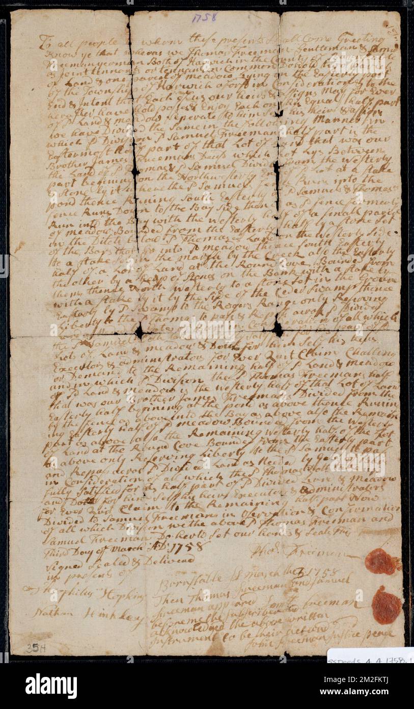 Deed of property in Harwich sold to Thomas Freeman and Samuel Freeman ...