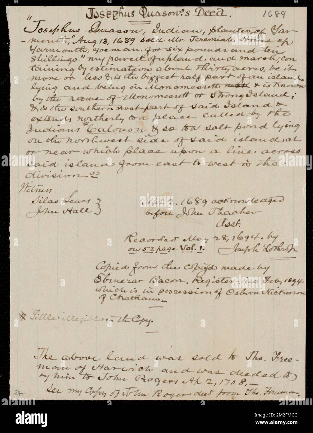 Deed of property in Monomessett sold to Jeremiah Howes of Yarmouth by ...