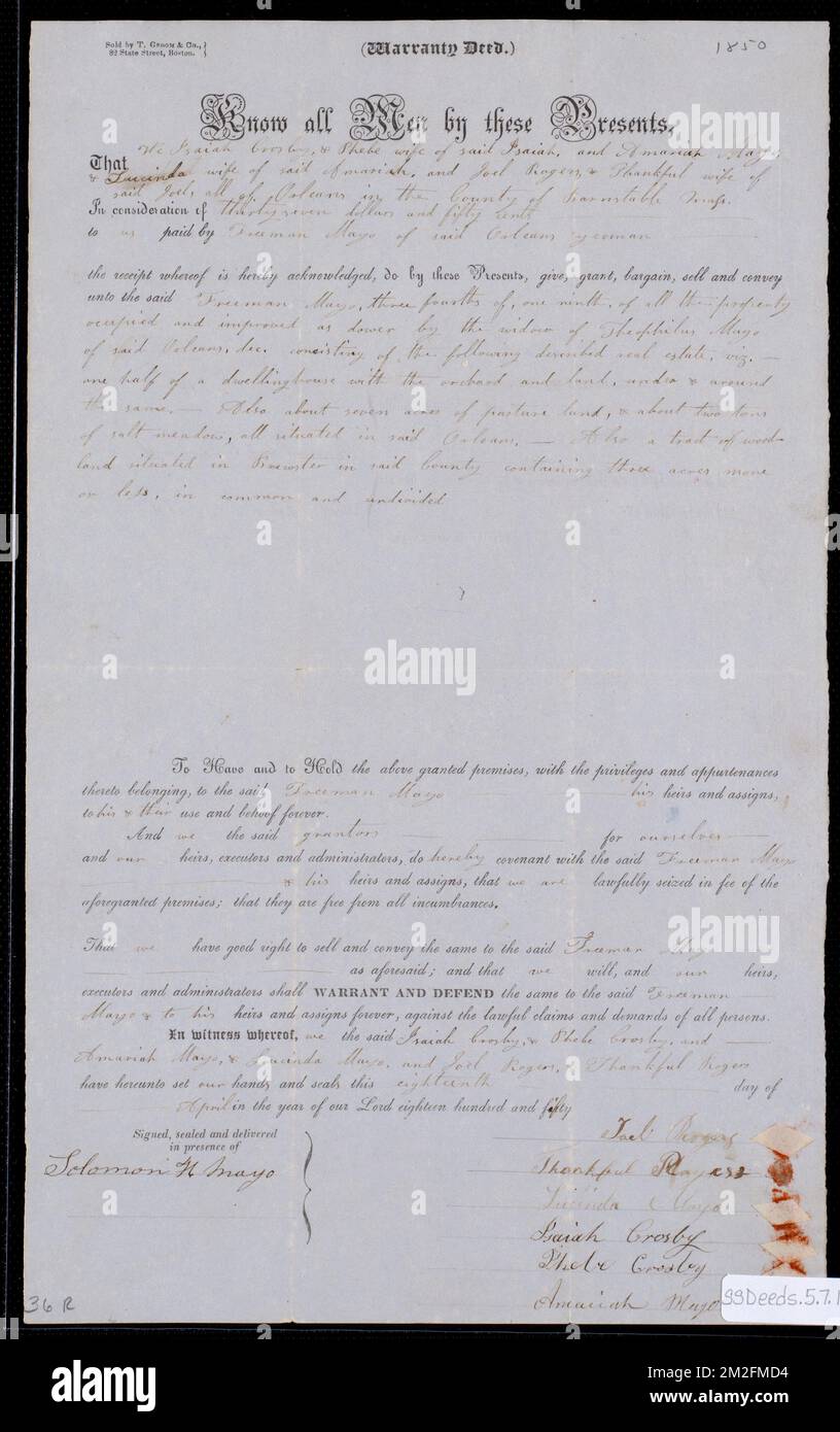Deed of property in Orleans: Brewster sold to Freeman Mayo of Orleans by Isaiah Crosby, Phebe ...