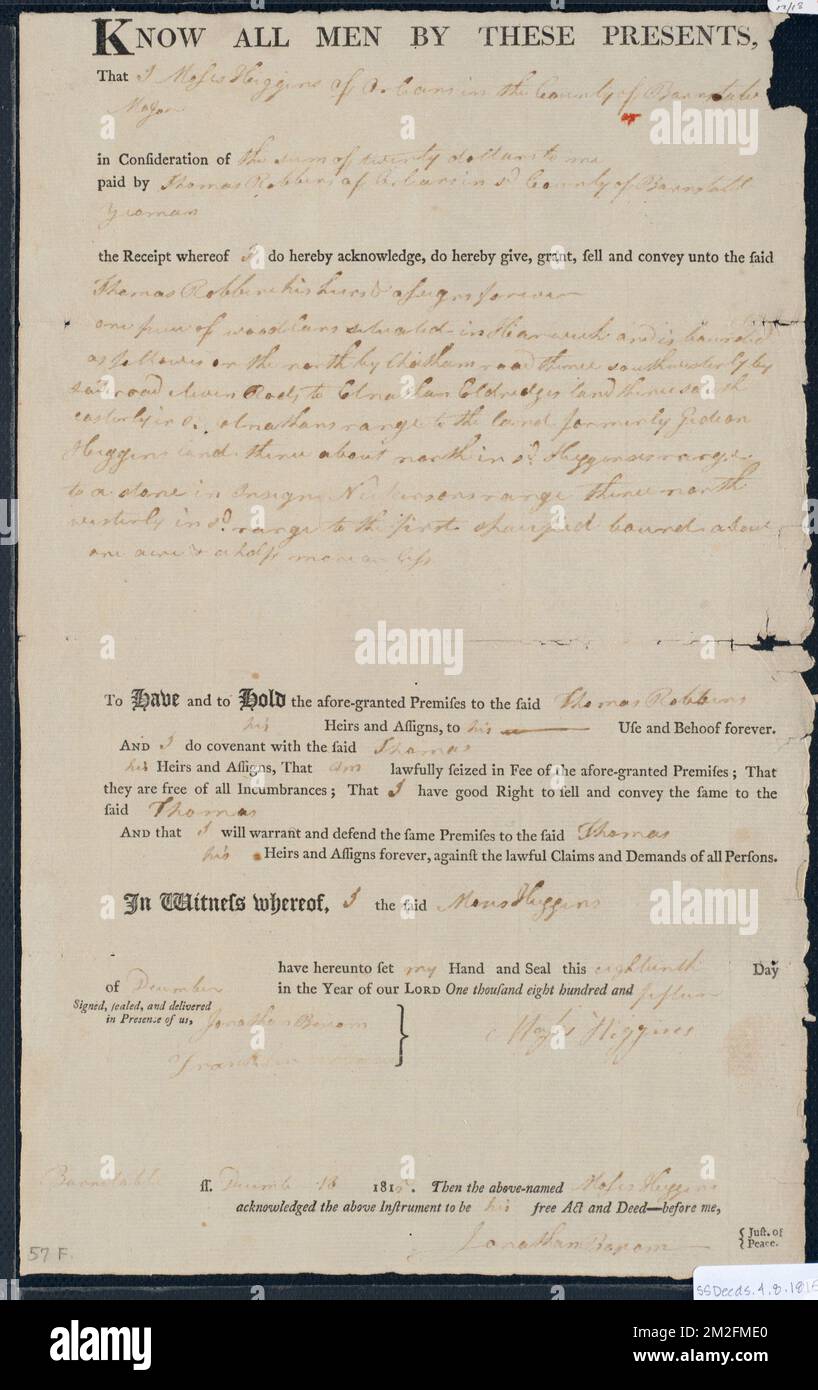 Deed of property in Harwich sold to Thomas Robbins of Orleans by Moses Higgins of Orleans ...