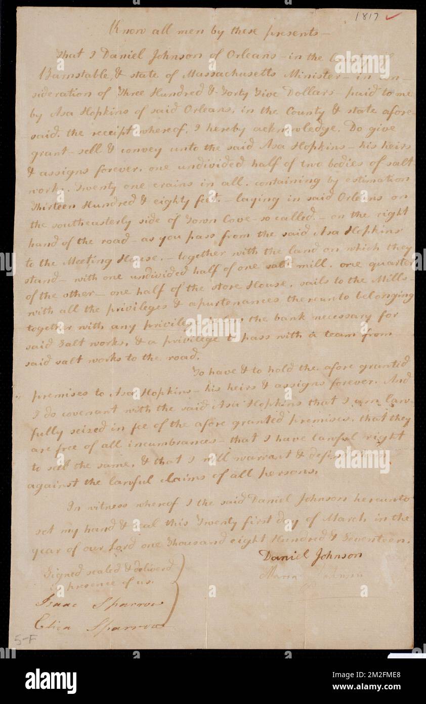 Deed of property in Orleans sold to Asa Hopkins of Orleans by Daniel ...