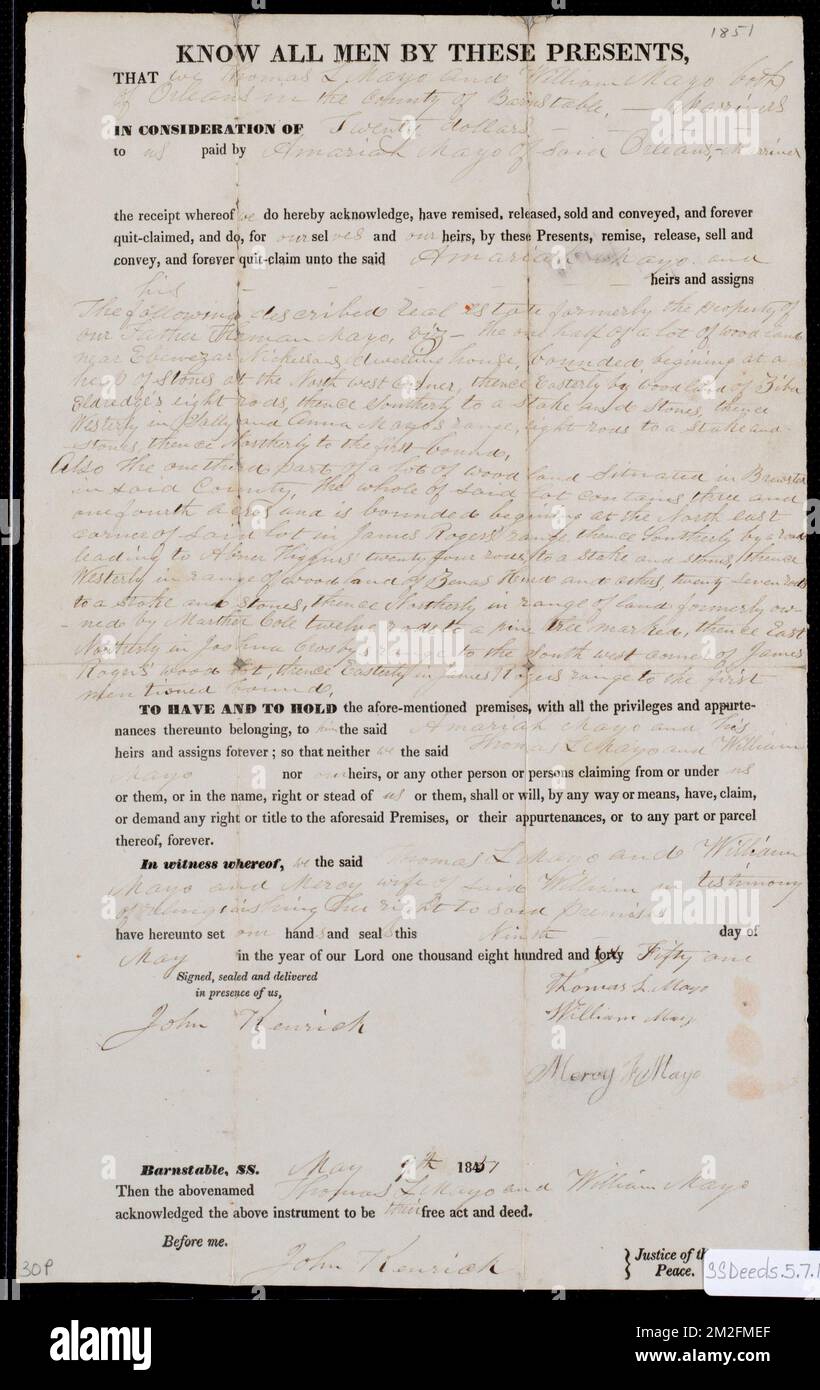 Deed of property in Orleans sold to Amariah Mayo of Orleans by Thomas H ...