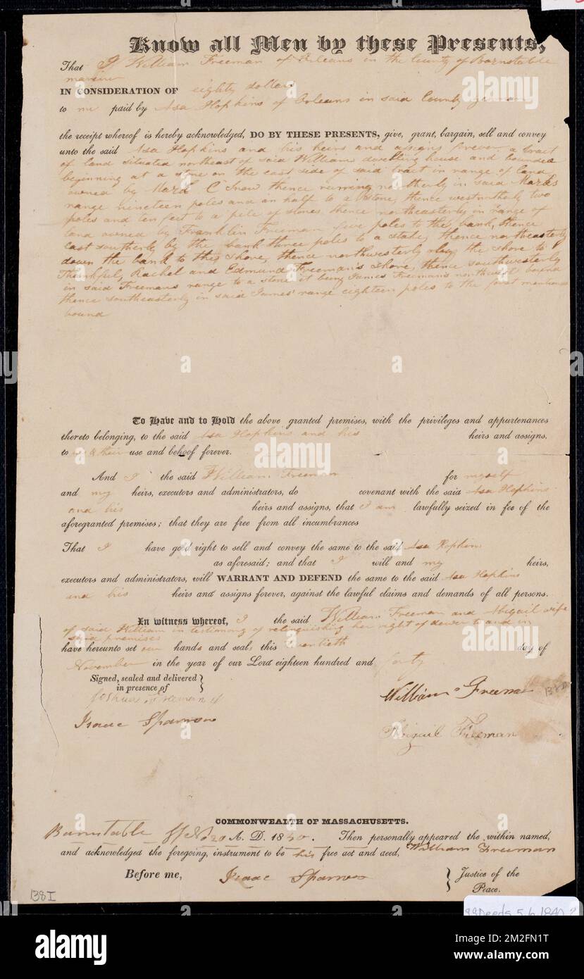 Deed of property in Orleans sold to Asa Hopkins of Orleans by William ...