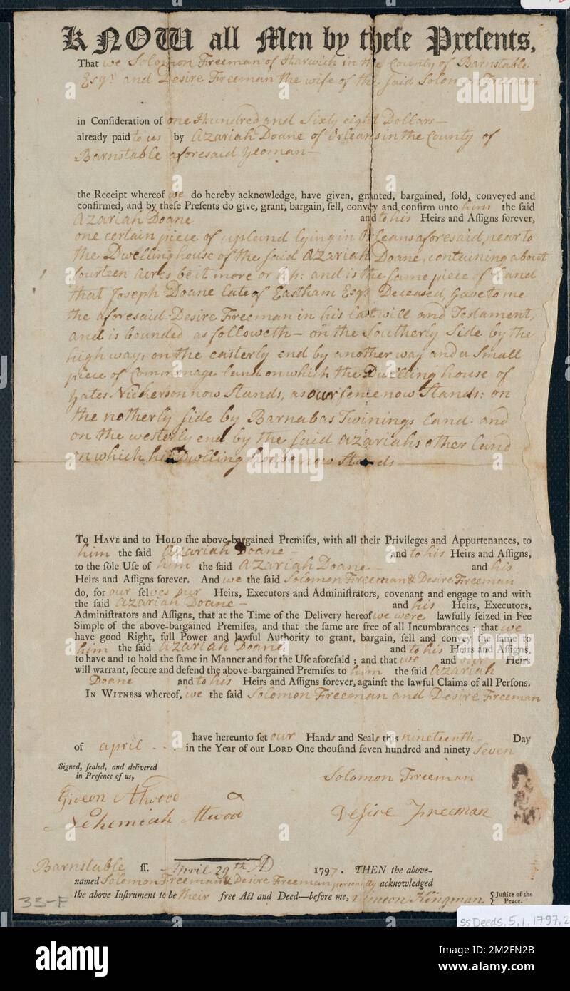Deed of property in Orleans sold to Azariah Doane of Orleans by Solomon ...