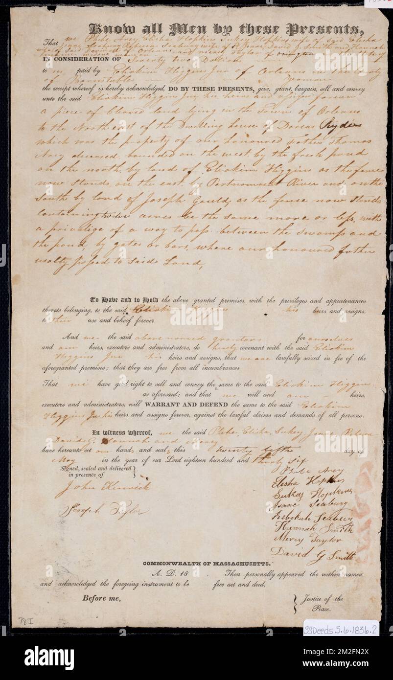 Deed of property in Orleans sold to Eliakim Higgins Jr. of Orleans by ...
