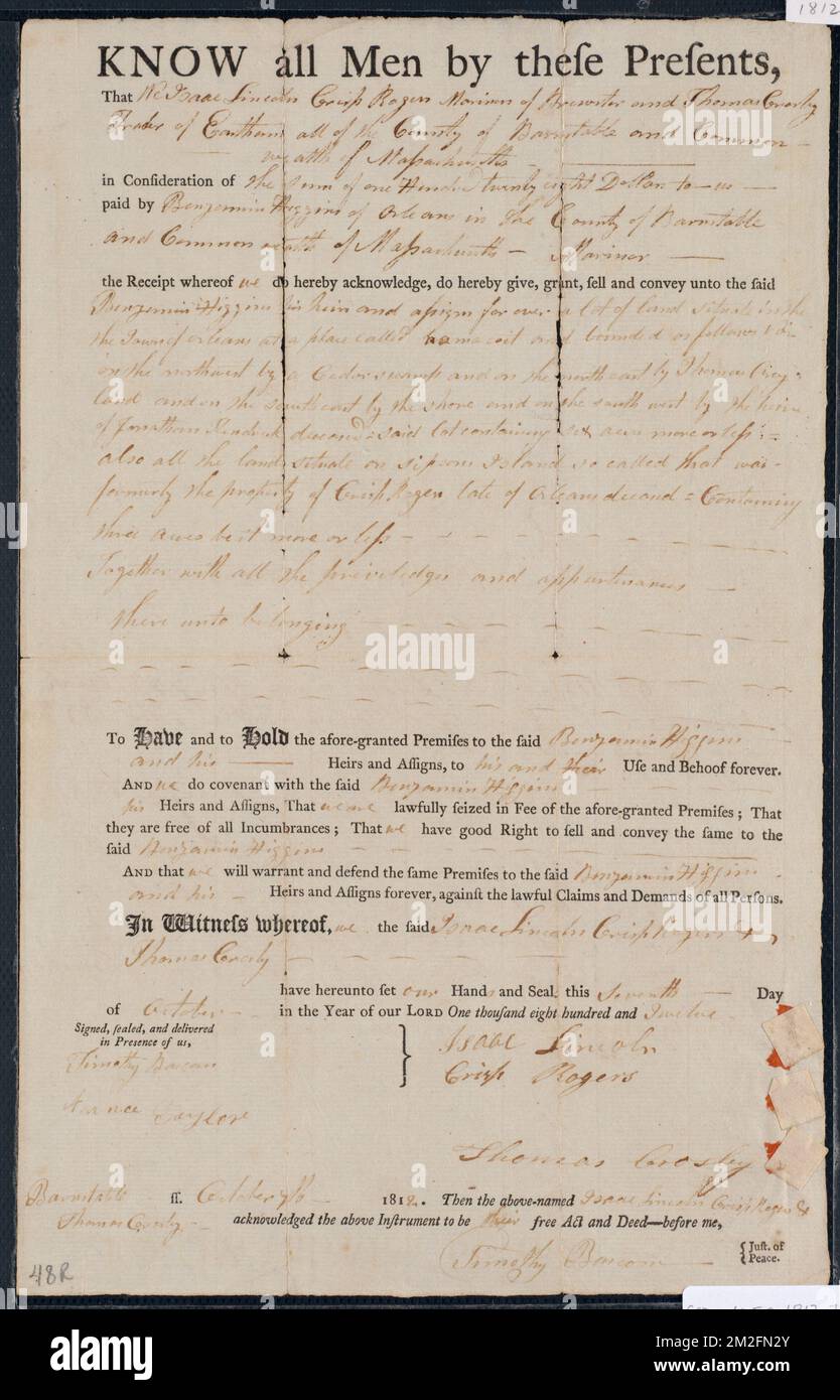 Deed of property in Orleans sold to Benjamin Higgins of Orleans by ...