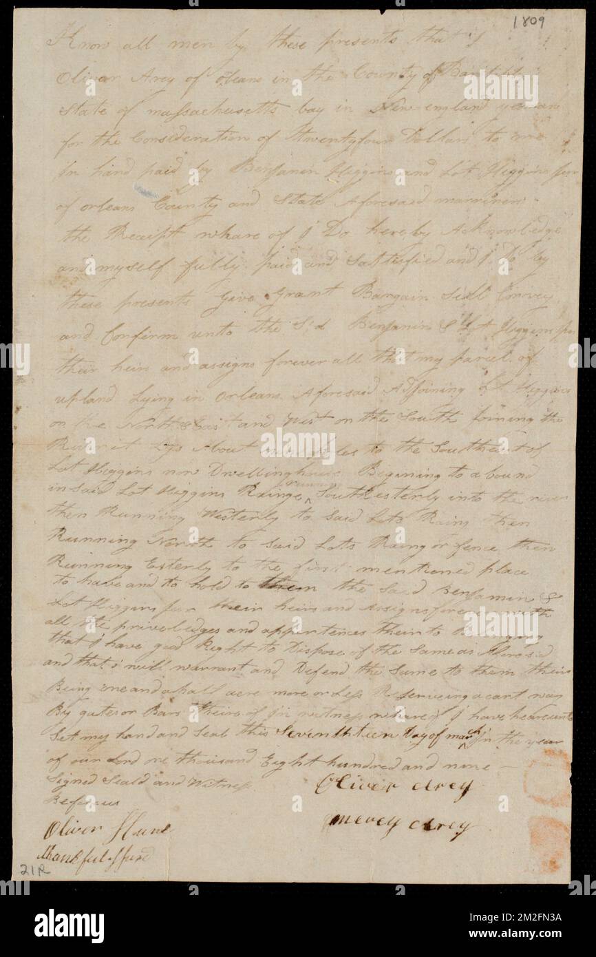 Deed of property in Orleans sold to Benjamin Higgins and Lot Higgins Jr ...